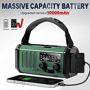 10000mAh Crank Radio, Emergency Radio, Solar Radio, NOAA/AM/FM Weather Radio, USB Type-C Charging,Dynamo Radio,Polymer Battery,Torch & LED Reading Light, SOS Alarm,Compass for Camping