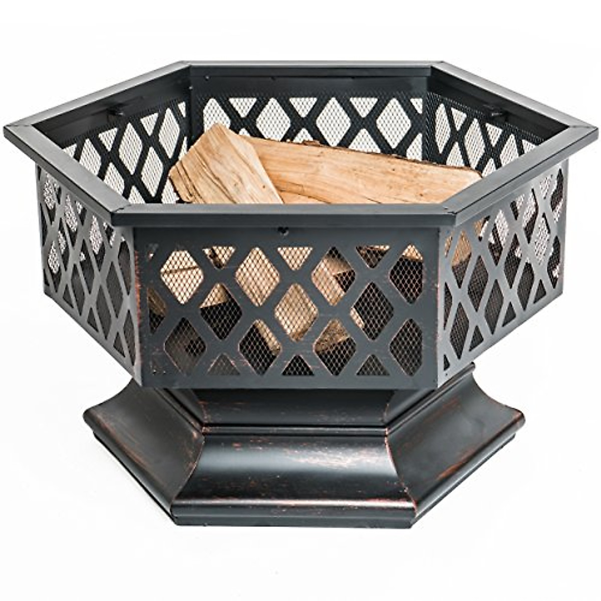 PRISP Outdoor Fire Pit for Garden and Patio, Large Hexagonal Fire Bowl, Includes Spark Guard, Poker and Protective Cover, Black and Bronze, 61 cm Width, 65 cm High - Foyer Extrieur