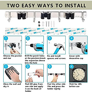 Samxin Broom Mop Holder Stainless Steel Wall Mount Storage Closet Kitchen Organization Heavy Duty Garage Tools Hanger No Drilling Screws for Home Garden Laundry Room with 3 Racks 4 Hooks-Black