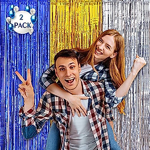 LOLStar 2 Pack Navy Blue Gold and Silver Party Decorations 3.3X6.6 ft Each Foil Fringe Tinsel Curtains Backdrop, Streamers - Perfect for Birthdays, Showers, Retirement， Graduations, Weddings