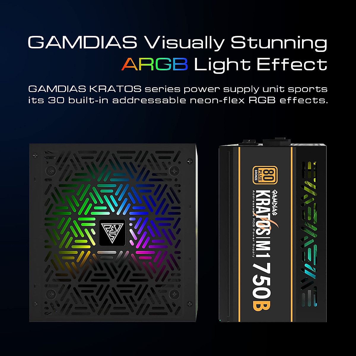 GAMDIAS RGB Gaming PC Power Supply 750W 80 Plus Bronze Certified 750 Watt PSU for Computers with Active PFC, Kratos M1-750B