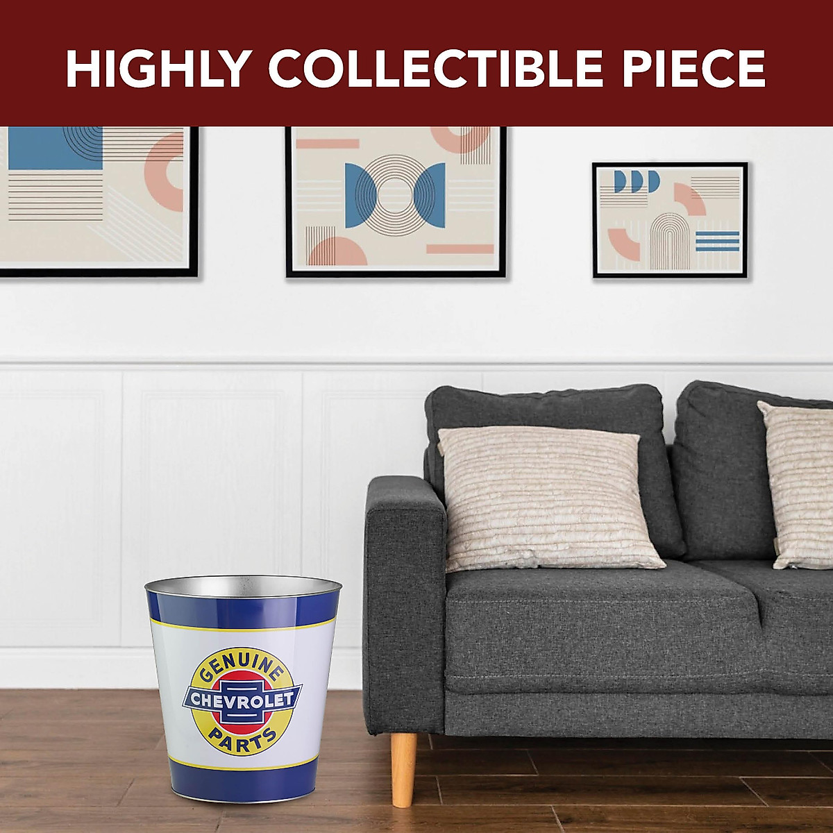 American Art Decor Metal Trash Bin - Licensed Chevrolet Waste Basket - Small Decorative Garbage Can for Man Cave, Kitchen, Garage, Home Office, Bar & More (11.25" x 10.5" x 10.5"