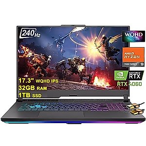 Asus ROG Strix G17 G713 Gaming Laptop 17.3" WQHD IPS 240Hz AMD 12-Core Ryzen 9 7845HX (Beat i9-12900H) 32GB RAM 1TB SSD GeForce RTX 4060 8GB USB-C RGB Backlit Fast Charging Win11 Black + HDMI Cable