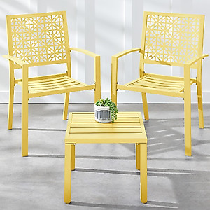 Best Choice Products 3-Piece Outdoor Bistro Set, Stackable Modern Steel Furniture for Porch, Garden w/ 2 Chairs, Table, Geometric Decor - Yellow