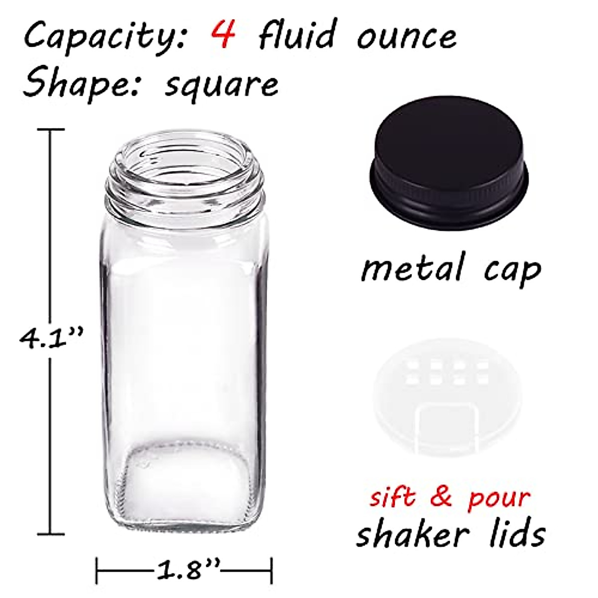 Churboro 36 Spice Jars with 547 Labels- Glass Spice Jars with Black Metal Caps, 4oz Empty Spice Containers with Shaker Lids, Funnel, Chalk Pen, Square Seasoning Bottles for Spice Rack, Drawer, Cabinet