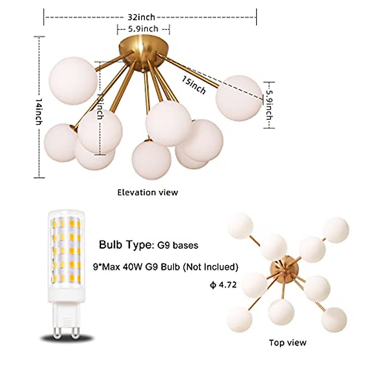 BAODEN Large 9 Lights Modern Globe Semi Flush Mount Ceiling Light Mid Century Sputnik Chandeliers with White Globe Glass Lampshade Brushed Brass Elegant Light Fixture for Living Room Lighting(Gold)
