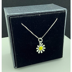 Sterling Silver Ladies Yellow White Enamel Daisy Flower Necklace for Women