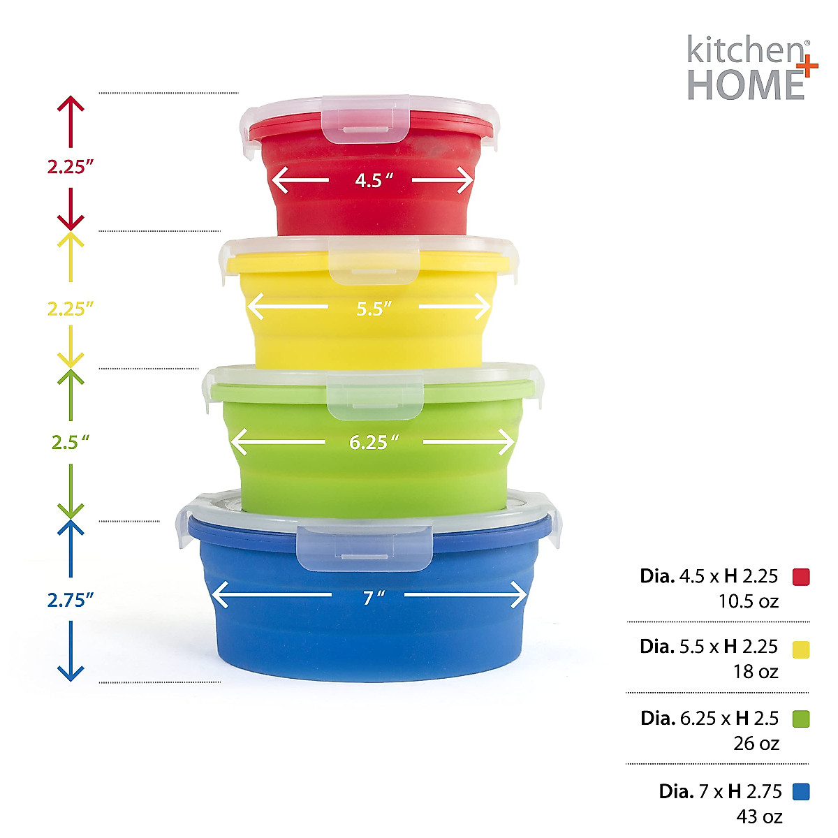 Thin Bins Collapsible Containers Set of 4 Round Silicone Food Storage Containers BPA Free, Microwave, Dishwasher and Freezer Safe - No more cluttered container cabinet! SC-149A
