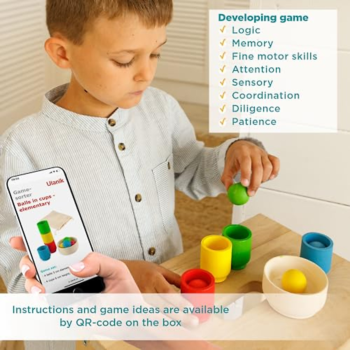 Ulanik Balls in Cups Starter Kit Toddler Montessori Toys for 1+ Year Old Kids Wooden Matching Game for Learning Color Sorting and Counting — 4 Balls, 1.18 in