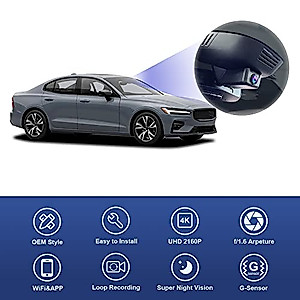 Fitcamx 4K Dash Cam Suitable for Volvo 2023 S60 V60 B5 B6 T5 T8, Integrated OEM Look, 2160P High Definition Video, Built-in WiFi, Loop Recording, G-Sensor, WDR Night Vision, Plug&Play, 64GB Card