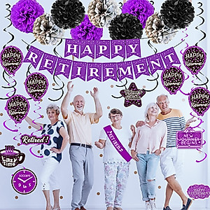 Retirement Decorations Women Purple Happy Retirement Party Decorations Female (52pack) Happy Retirement Banner Gifts, Retirement Decor Double-Sided Pattern Card, Pompoms Hanging Swirl Retired Sash Set