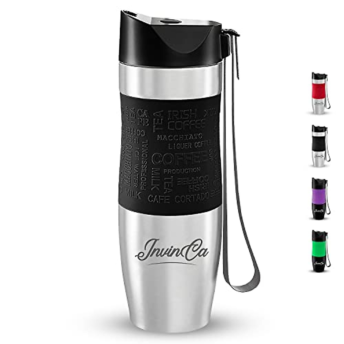 INVINCA ONE-CLICK Travel Mug: Thermal Vacuum-Insulated Coffee Mug, Double-Wall Stainless Steel Durable Mug with a Leak Proof Lid for your Daily Hot/Cold/Ice Drinks: 16-oz Metal Cups, Silver/Black