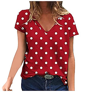 Cute Summer Tops for Women Polka Dots V Neck Short Sleeve Blouse Comfy Casual Regular Fit T Shirts 2024 Trendy Clothes Red