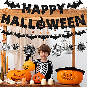 Happy Halloween Banner, NO-DIY Spider Web Halloween Decorations Garland Bat Garland Black Glitter Halloween Banner, Spider Garland for Halloween Office Decorations Halloween Classroom Decorations