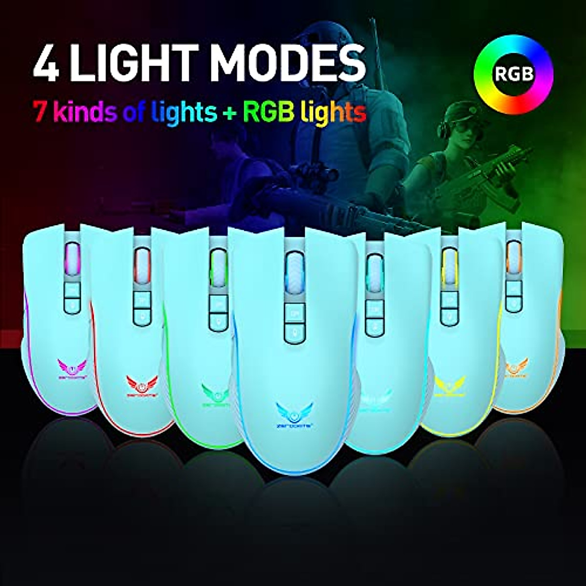 HETOETF Rechargeable Wireless Gaming Mouse, RGB LED Backlit Mouse with 4 Adjustable DPI, 7 Button, 2.4G USB Optical Gaming Ergonomic Computer Mice for Laptop PC Gamer Computer Desktop(Green)