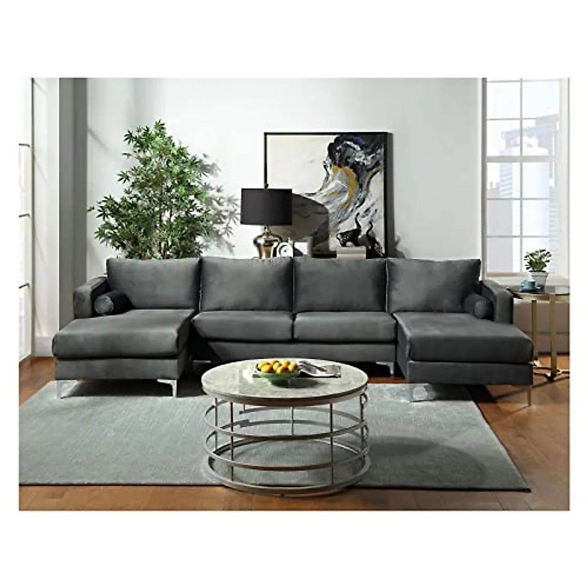 Sectional Sofa with Two Pillows U-Shape Upholstered Couch with Modern Elegant Velvet for Living Room Apartment (Color : Grey) (Blue)
