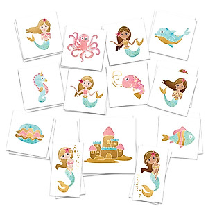 FashionTats Young Mermaid Temporary Tattoos | Pack of 39| MADE IN THE USA | Skin Safe | Party Supplies & Favors | Removable