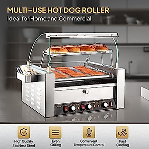 ROVSUN Hot Dog Roller Warmer 2000W, 11 Rollers 30 Hot Dog Roller Grill Cooker Machine w/Bun Warmer, Cover, Dual Temp Control, LED Light, Removable Shelf & Drip Tray for Party Home Commercial
