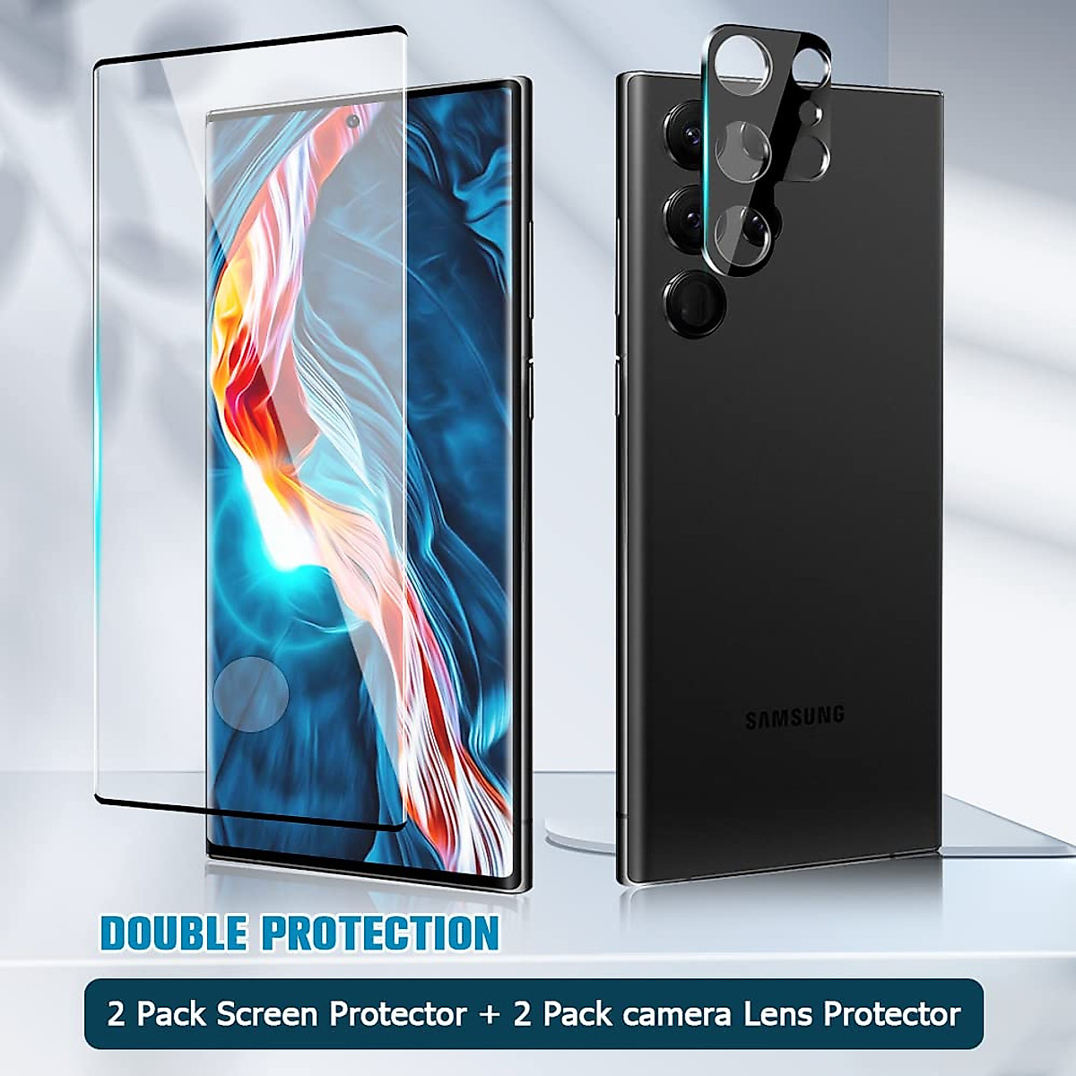 [2+2 Pack] Galaxy S22 Ultra Glass Screen Protector and Camera Lens Protector, 9H Tempered Glass, Fingerprint Unlock, HD Clear, Case Friendly for Samsung Galaxy S22 Ultra Screen Protector (6.8 Inch)