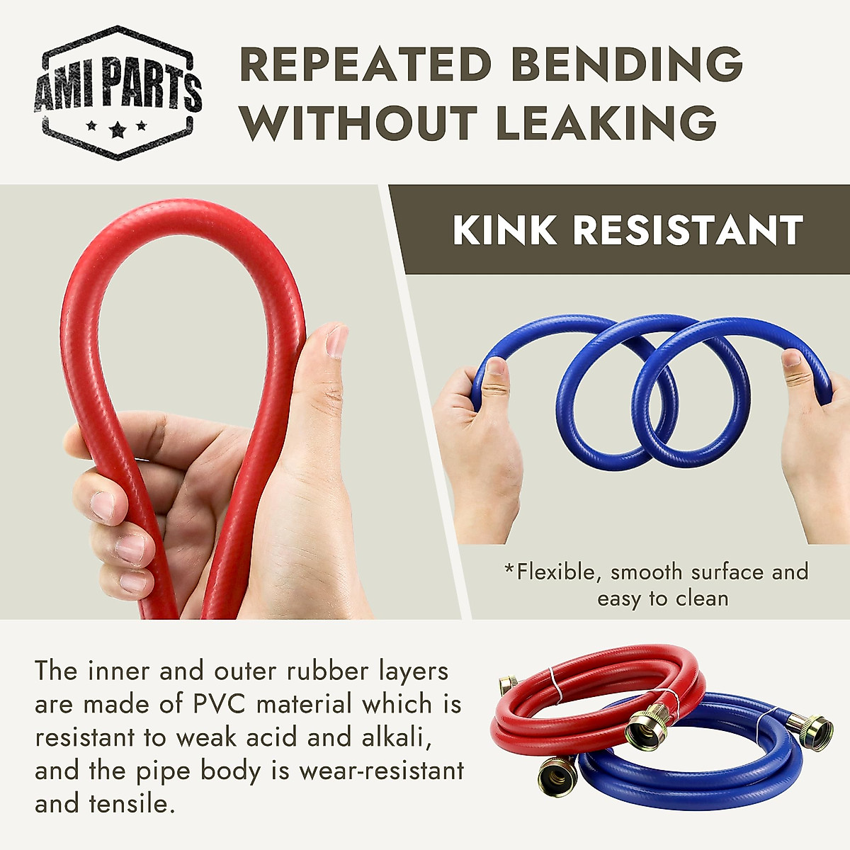 6 FT Rubber Washing Machine Hoses Burst Proof Water Supply Lines by AMI PARTS - for Hot and Cold Water Washer Hoses (2 PACK)