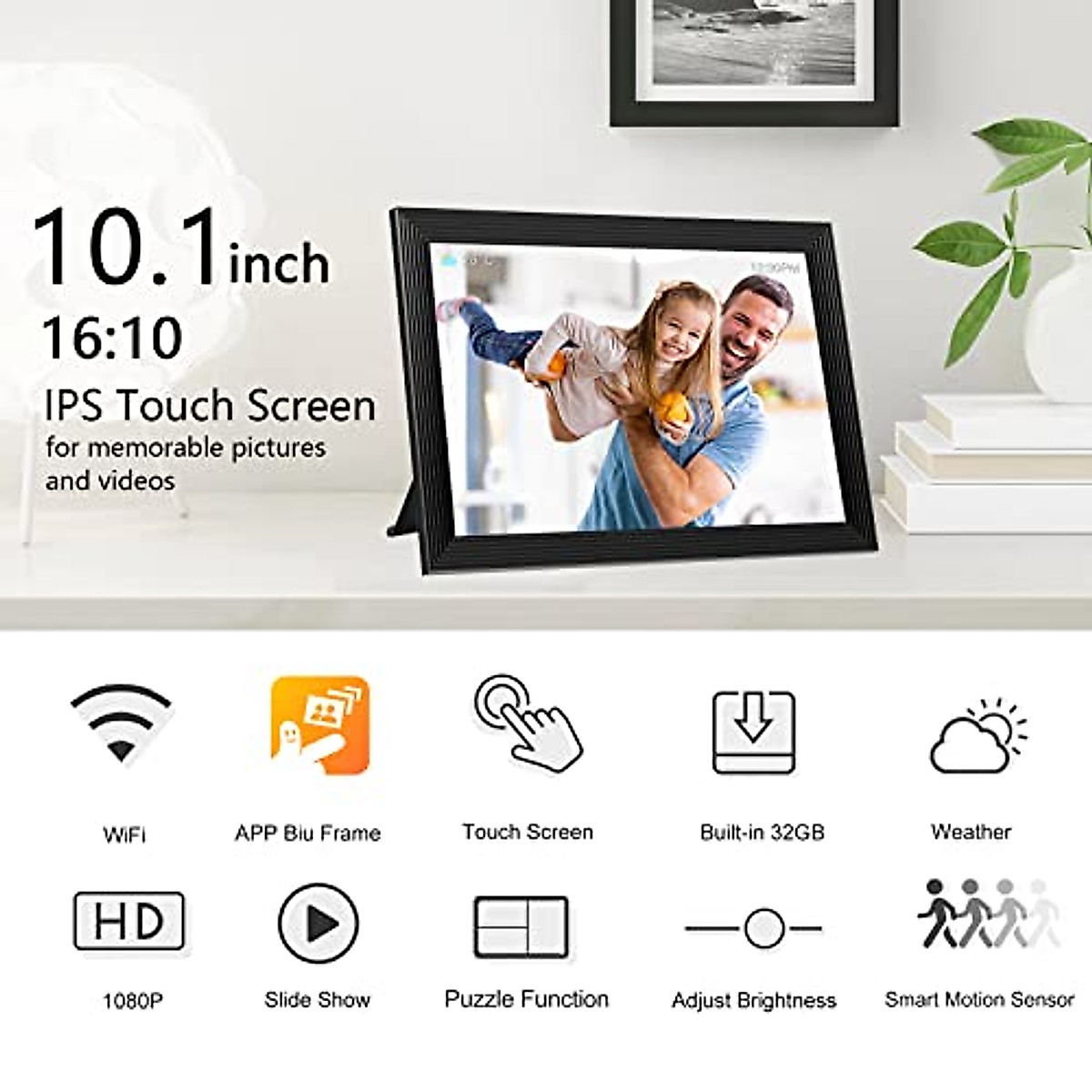 10.1 Inch WiFi Digital Picture Frame, IPS Touch Screen Share Pictures&Videos Via App or Email, Built in 32GB Memory, Support Micro SD Card Extend Storage, Auto-Rotate, Motion Sensor