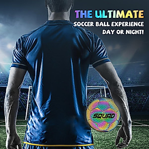SQUAD Holographic Reflective Soccer Ball Size 5 - Reflective Glowing Ball for Night Games & Training - Durable PU Leather and Rubber Airbags - Cool & Unique Gift for Soccer Fans