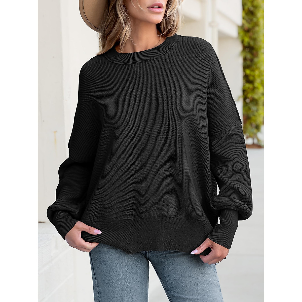 ANRABESS Women Crewneck Batwing Long Sleeve 2024 Fall Oversized Side Slit Ribbed Knit Pullover Sweaters Top Cozy Outfits Black Large