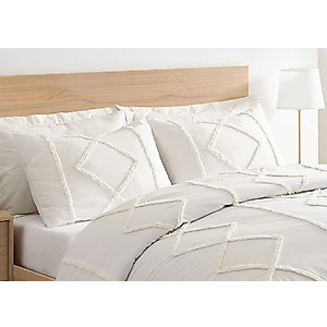 Sweet Jojo Designs Bohemian Boho Chic Ivory Macrame Tufted Geometric 3 pc. Full / Queen Size Bed Bedding Set Duvet Comforter Cover Sham Textured Minimalist Off White Fringe Farmhouse Neutral Rustic