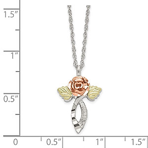 Rose Cross Pendant Necklace, Sterling Silver, 12k Green and Rose Gold Black Hills Gold Motif, 18"