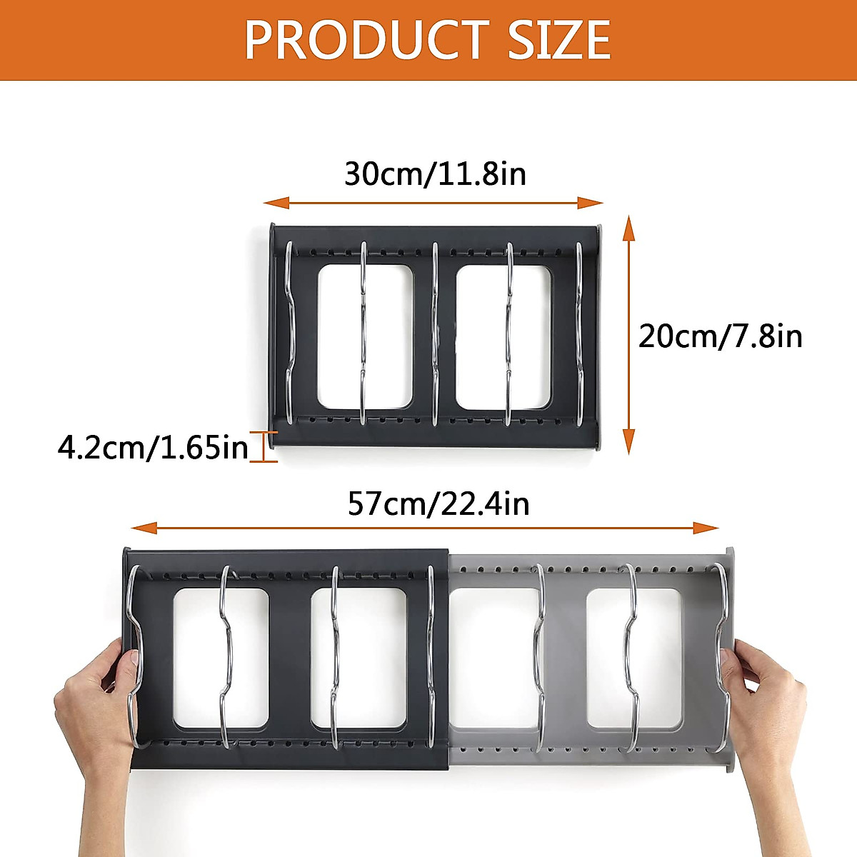 Expandable Pot Pan Lid Organizer Rack Holder with 7 Adjustable Dividers Stainless Steel Storage Rack Kitchen Organizer Holder Cabinet Countertop Pan Lid Holder with 2 Hooks