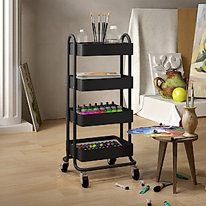 MIOCASA 4-Tier Metal Utility Rolling Cart, Heavy Duty Multifunction Cart with Lockable Casters, Easy to Assemble, Suitable for Office, Bathroom, Kitchen, Garden (Black)