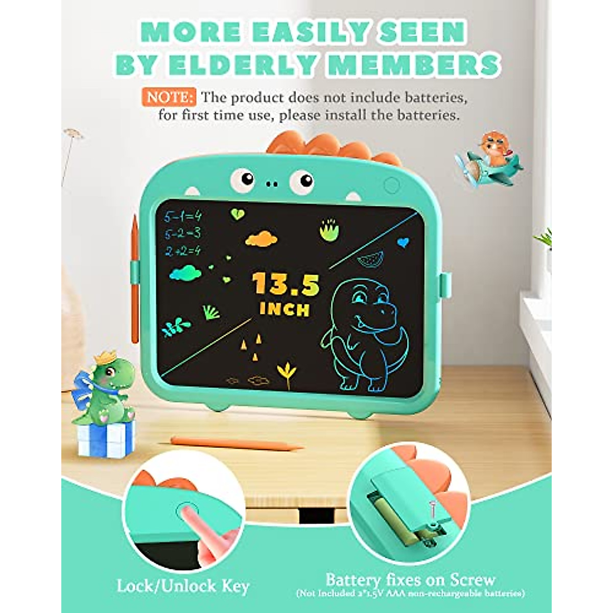 Derabika LCD Writing Tablet for Kids Dinosaur Toys,13.5 Inch Drawing Pad Doodle Board, Toddler Toys Drawing Board Birthday Gift, Drawing Tablet for Boys Girls 3 4 5 6 7 8 Years Old(Green)