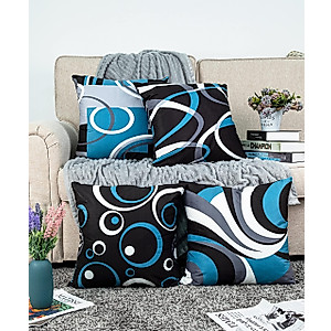 D DIFARIC Blue and Black Throw Pillow Covers 18x18 Inches Set of 4 Decor Decorative Throw Pillow Cover Abstract Modern Geometric Teal Square Cushion Cases for Sofa Bed Couch