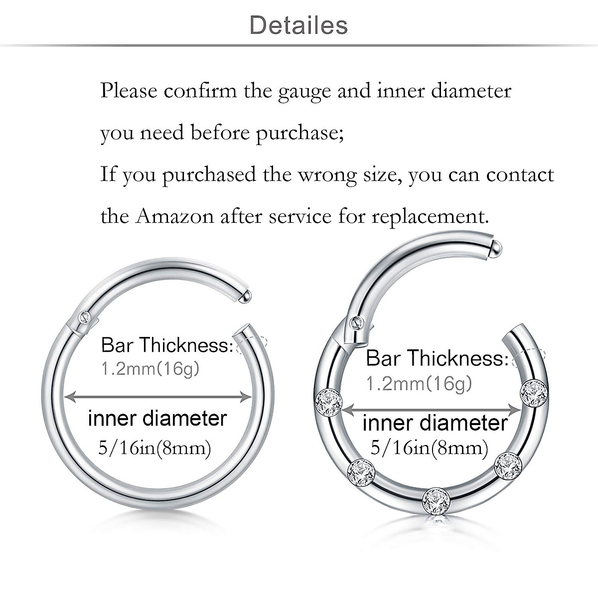 QWALIT Cartilage Earrings Hoop 16G Helix Daith Tragus Piercing Jewelry Stainless Steel CBR Hinged Clicker Septum Ring CZ Sleeper Hoop Earrings
