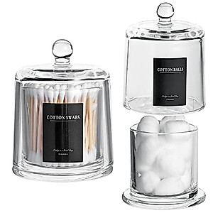 rejomiik Qtip Holder Thick Glass Apothecary Jars with Lid for Bathroom Accessories Vanity Organizers and Makeup Storage for Cotton Ball, Swabs, Candy, Jewelry, Bathroom Decor, 2 Pack Clear