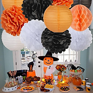 Black White Orange Halloween Party-Decorations, Tissue Pom Poms, Lanterns, Honeycomb Ball, Circle Dots Garlands, Graduation 2024 Birthday Wedding Baby Bridal Shower Decor Bunting Lasting Surprise