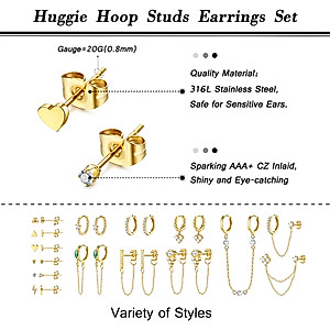 BESTEEL 27PCS 14K Gold Plated Huggie Hoop Stud Earrings Set for Women,Fashion Hypoallergenic Small Dainty Dangle Chain Earrings for Multiple Piercing, Stainless Steel, Cubic Zirconia
