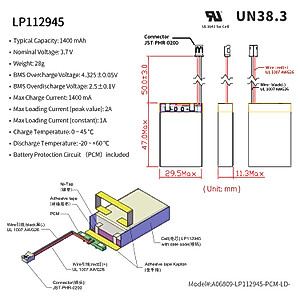 EEMB 3.7V Lipo Battery 1400mAh 112945 Lithium Polymer ion Battery Rechargeable Lithium ion Polymer Battery with JST Connector Make Sure Device Polarity Matches with Battery Before Purchase!!!