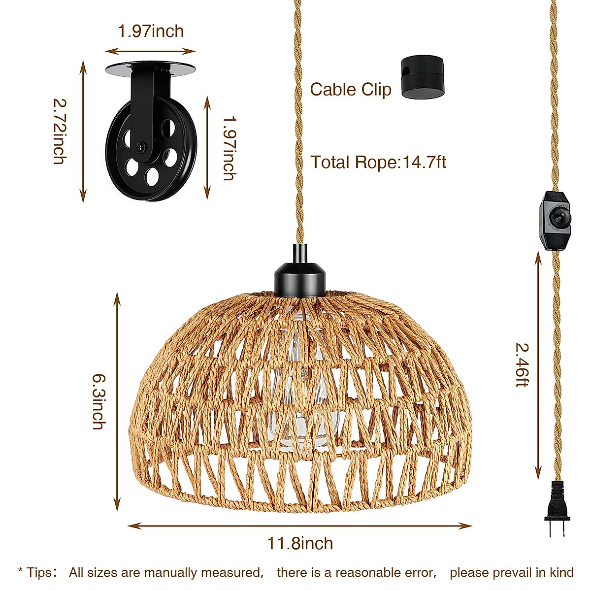 Rattan Plug in Pendant Light, Boho Hanging Lights with Plug in Cord 15ft, Handwoven Hemp Rope Chandelier Light Fixtures with Dimmer Switch for Bedroom Living Dinning Room Kitchen