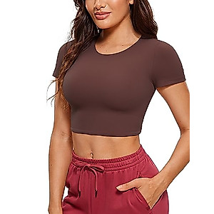 CRZ YOGA Womens Butterluxe Short Sleeve Crop Tops Double Lined Crew Neck Casual Workout T-Shirt Cute Basic Tee Taupe Medium