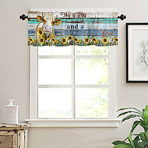 ZEREAA Farmhouse Cows with Sunflower Wooden Texture Privacy Decorative Rod Pocket Short Window Valance Curtains for Kitchen, Living Room, Bedroom, Bathroom 54" W x 18" L