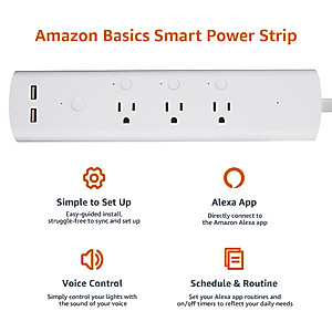 Amazon Basics Smart Plug Power Strip, Surge Protector with 3 Individually Controlled Outlets and 2 USB Ports, 2.4 GHz Wi-Fi, Works with Alexa