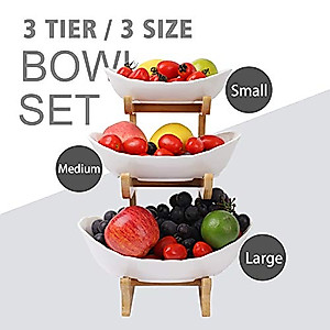 SEVEN SPARTA Tiered Fruit basket Fruit Bowl for Kitchen Counter, Elegant Combo of Ceramic Bowls and Bamboo Rack, Big Capacity, Easy Install, Multi-Occasion for Kitchen, Party, Restaurant and Gift