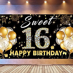 Sweet 16 Backdrop Birthday Decorations, Sweet Sixteen Photo Booth Props, Black Gold Happy 16th Birthday Party Decorations for Girls, Large Fabric 16th Birthday Backdrop Banner 71 * 43 inch PHXEY