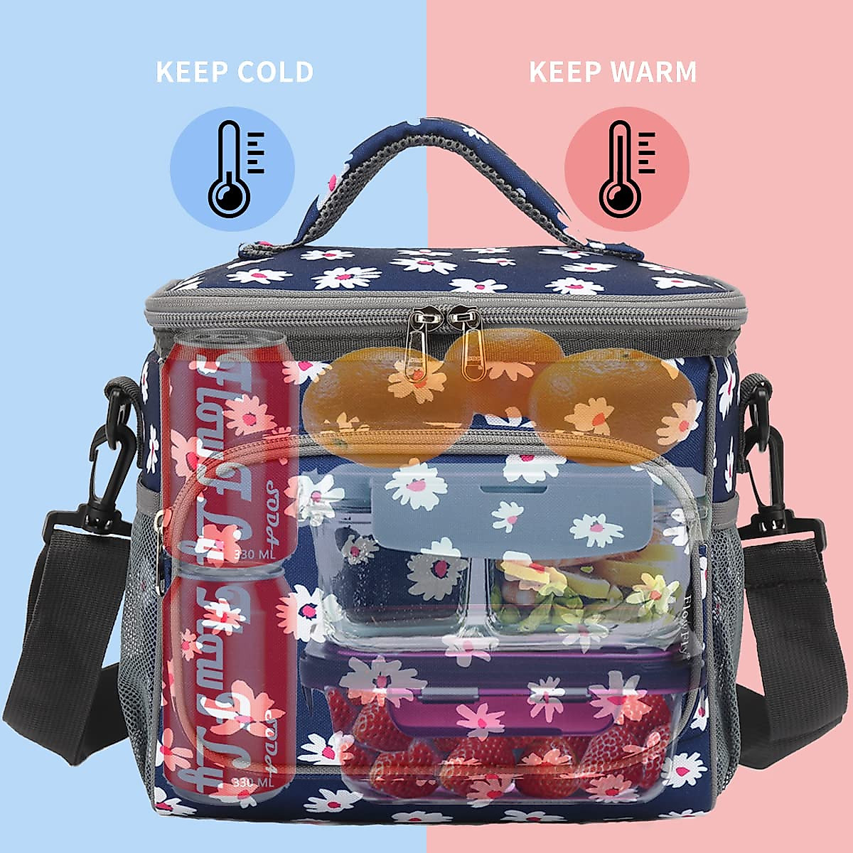 FlowFly Insulated Reusable Lunch Bag Adult Large Lunch Box for Women and Men with Adjustable Shoulder Strap,Front Zipper Pocket and Dual Large Mesh Side Pockets,Daisy