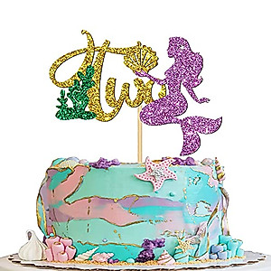Mermaid Two Happy Birthday Cake Topper with Coral Shell, Under The Sea Theme / Mermaid 2nd Baby Shower Cake Pick, I'm One Sign, Mermaid Princess Birthday / Wedding / Pool Party Supplies