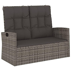 KTHLBRH Reclining Patio Bench with Cushions Gray 46.5" Poly Rattan Garden Bench Deck Bench Porch Bench Outdoor Bench for patios, Gardens, Decks