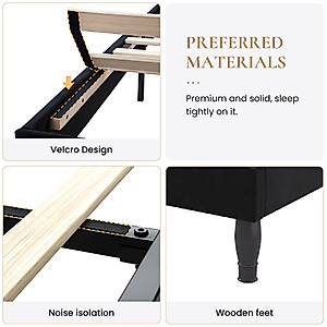 SHA CERLIN Queen Bed Frame with Adjustable Headboard/Velvet Upholstered/Diamond Button Tufted and Metal Studs/No Box Spring Needed/Wood Slat Support/Easy Assembly/Black