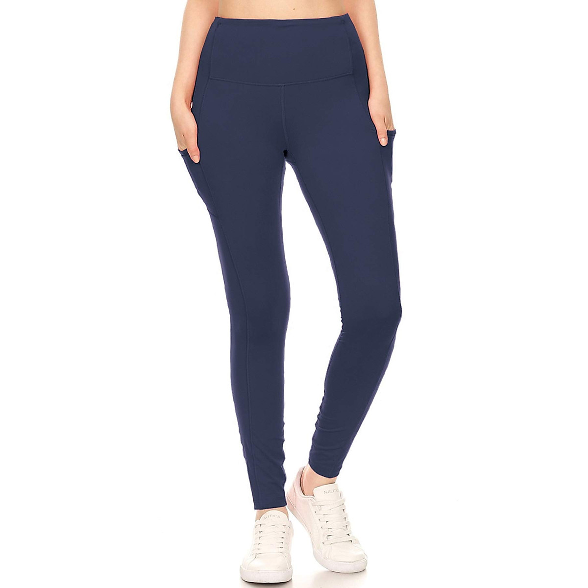 Leggings Depot Women's High Waisted ActiveFlex Leggings Pants (W/Pockets-Full Length, Navy, XL)