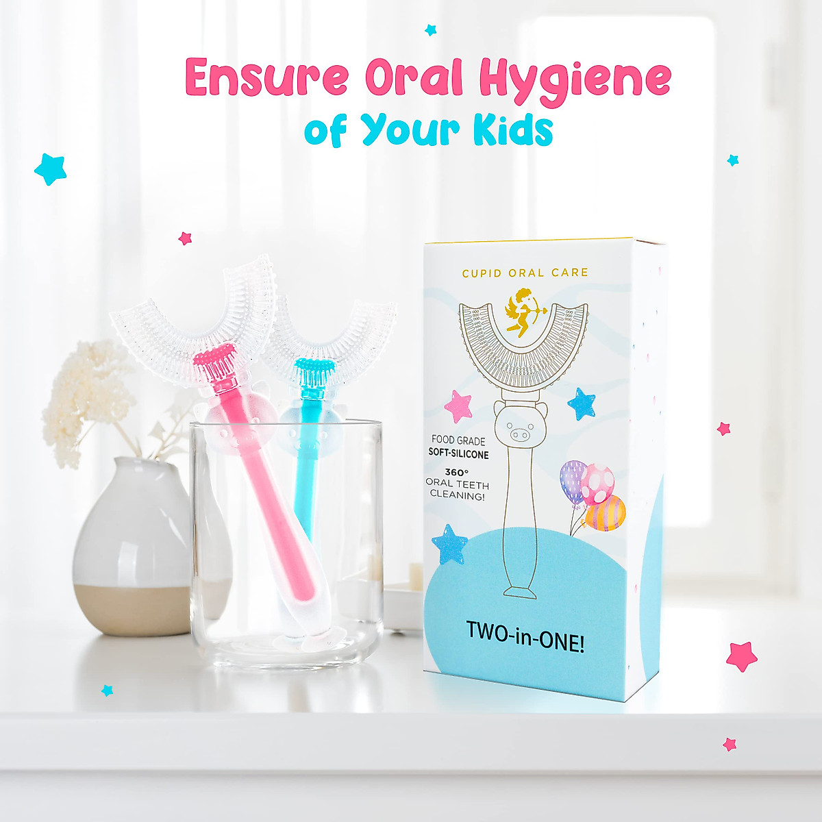 Set of 2 U-Shaped Toothbrushes for Kids with Suction Cup Whole Mouth 360 Cleaning Toothbrushes with Suction Cup Manual Toothbrush for Toddlers 2-6 Silicone Food Grade for Sensitive Teeth Large Blue